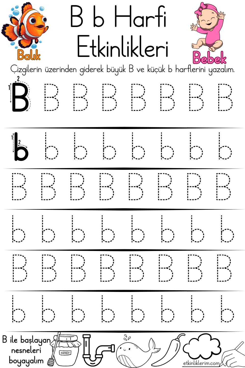 B Harfi ilkokul Çizgi Çalışması – B Sesi Öğreniyorum – Etkinliklerim.com