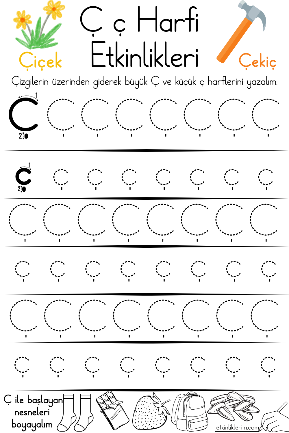 Ç Harfi ilkokul Çizgi Çalışması – Ç Sesi Öğreniyorum – Etkinliklerim.com