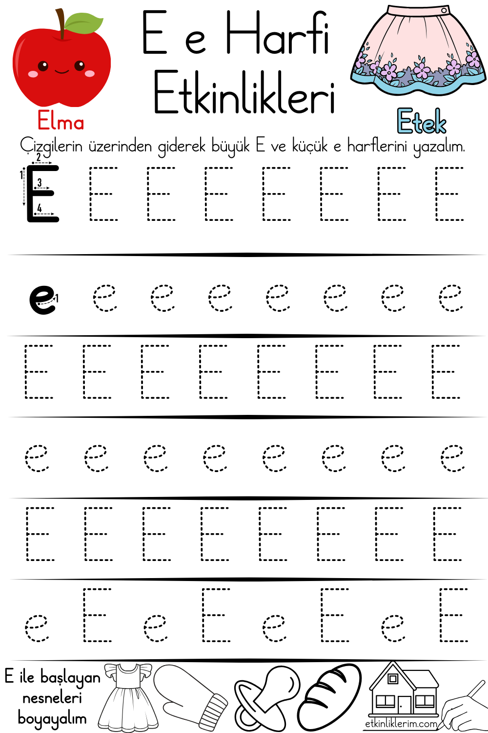 E Harfi ilkokul Çizgi Çalışması – e Sesi Öğreniyorum – Etkinliklerim.com