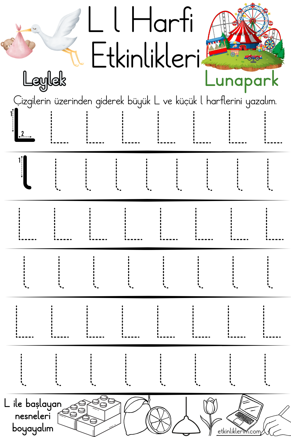 L Harfi ilkokul Çizgi Çalışması – l Sesi Öğreniyorum – Etkinliklerim.com