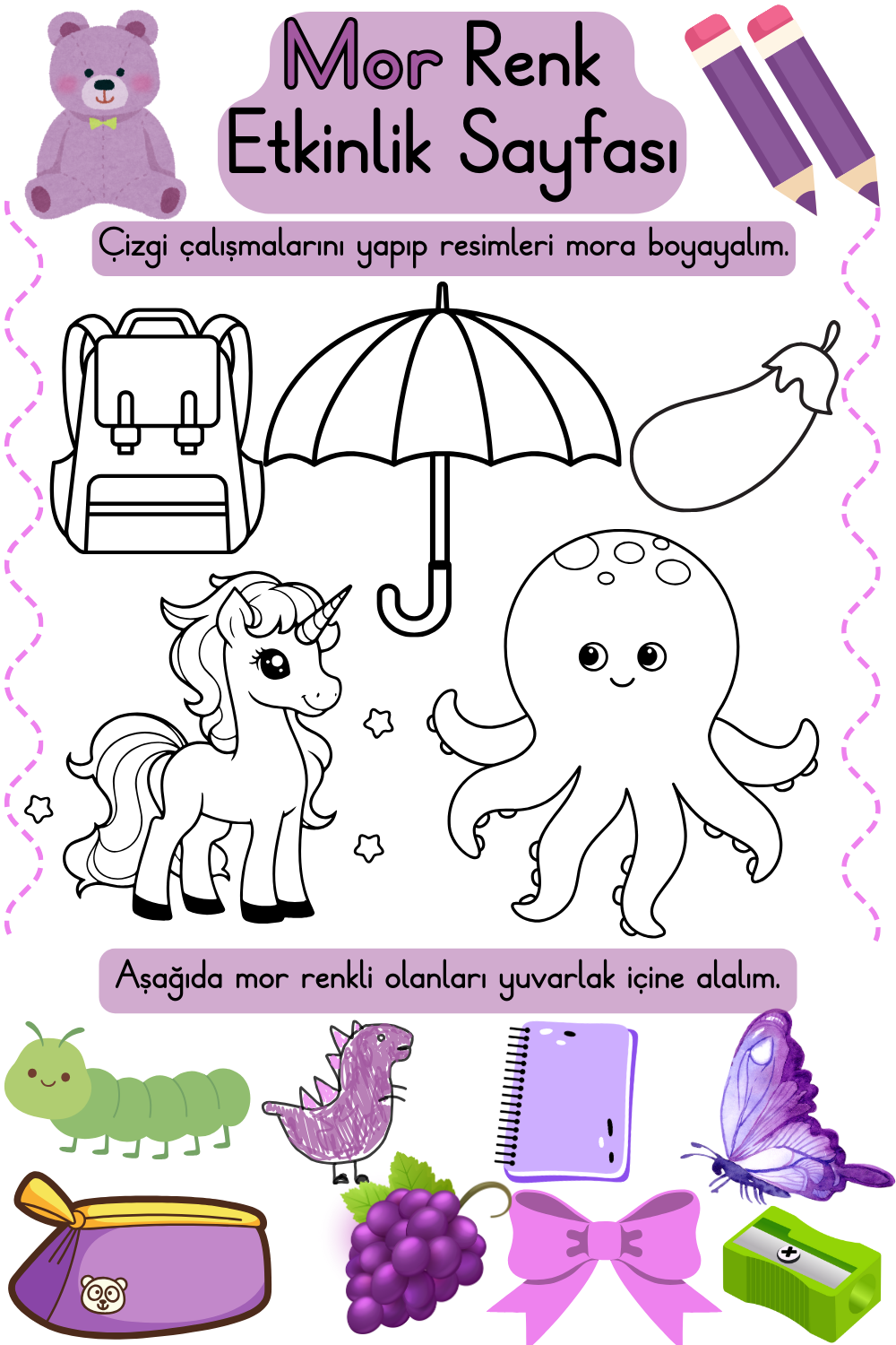Mor Renk Boyama ve Renkler Etkinliği Çalışma Sayfası – Etkinliklerim.com