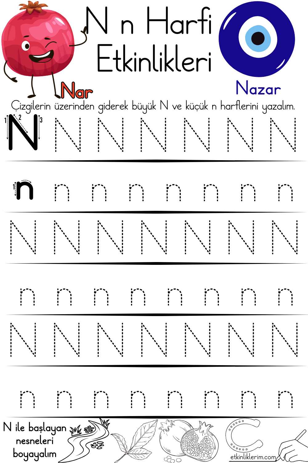 N Harfi ilkokul Çizgi Çalışması – n Sesi Öğreniyorum – Etkinliklerim.com