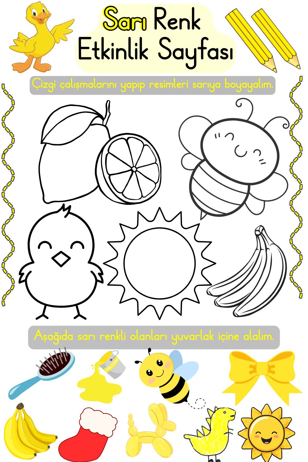 Sarı Renk Boyama ve Renkler Etkinliği Çalışma Sayfası – Etkinliklerim.com