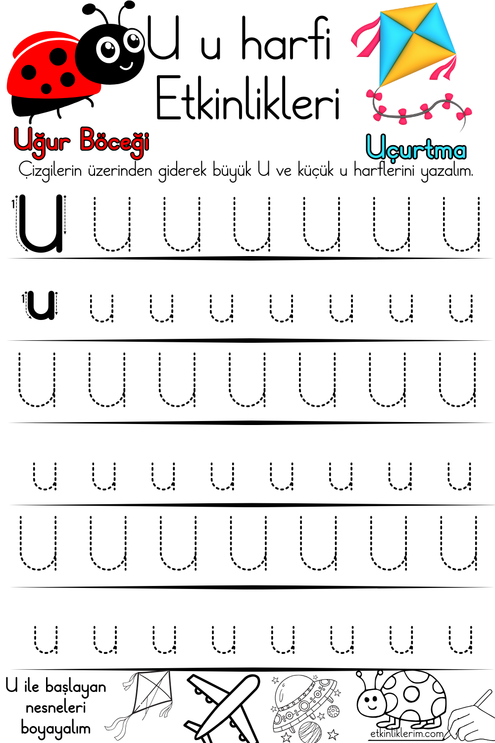 U Harfi ilkokul Çizgi Çalışması – u Sesi Öğreniyorum – Etkinliklerim.com