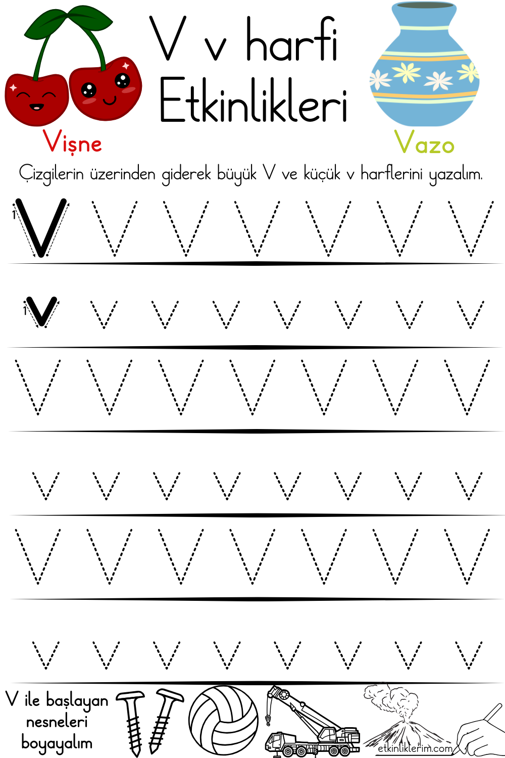 V Harfi ilkokul Çizgi Çalışması – v Sesi Öğreniyorum – Etkinliklerim.com