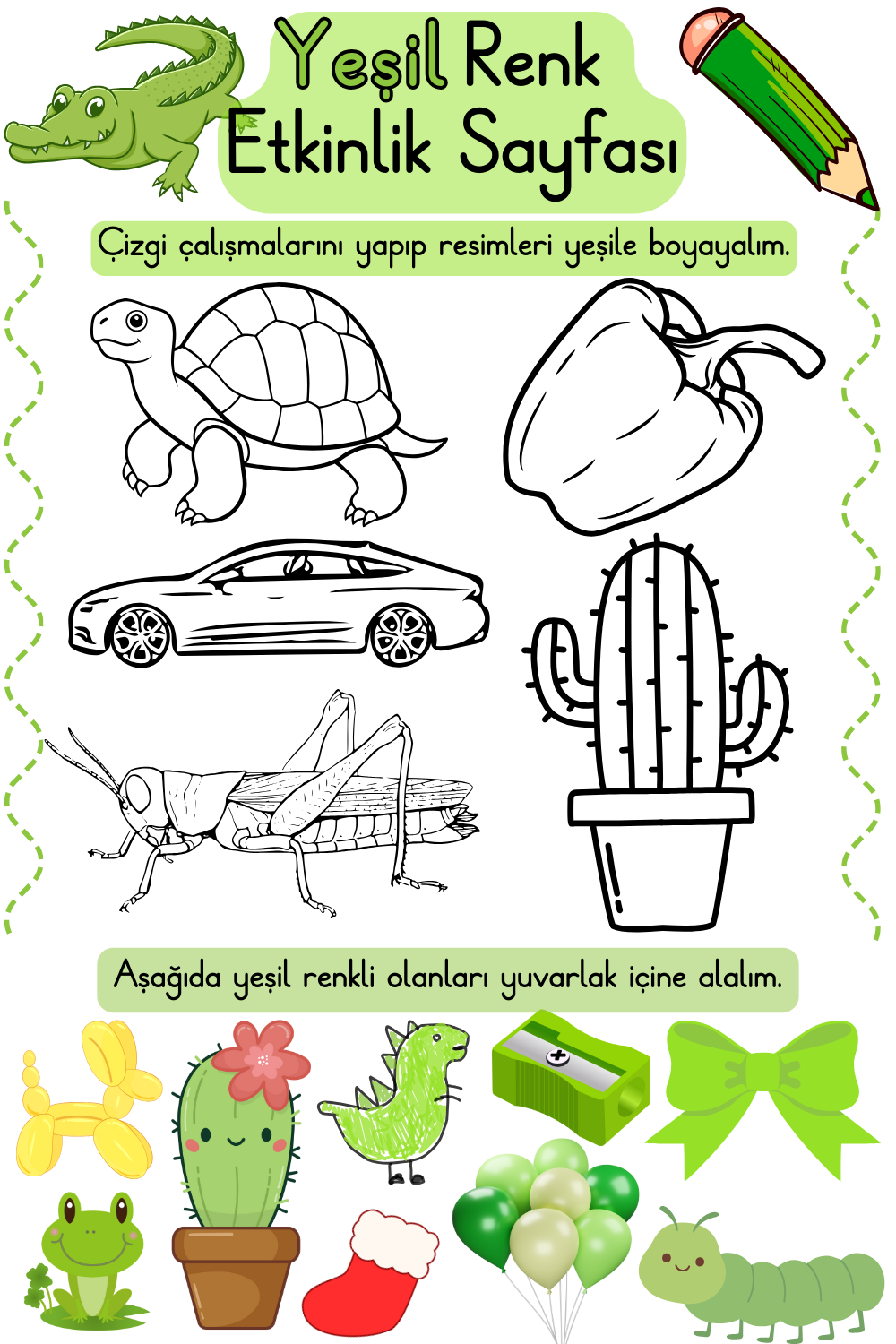 Yeşil Renk Boyama ve Renkler Etkinliği Çalışma Sayfası – Etkinliklerim.com