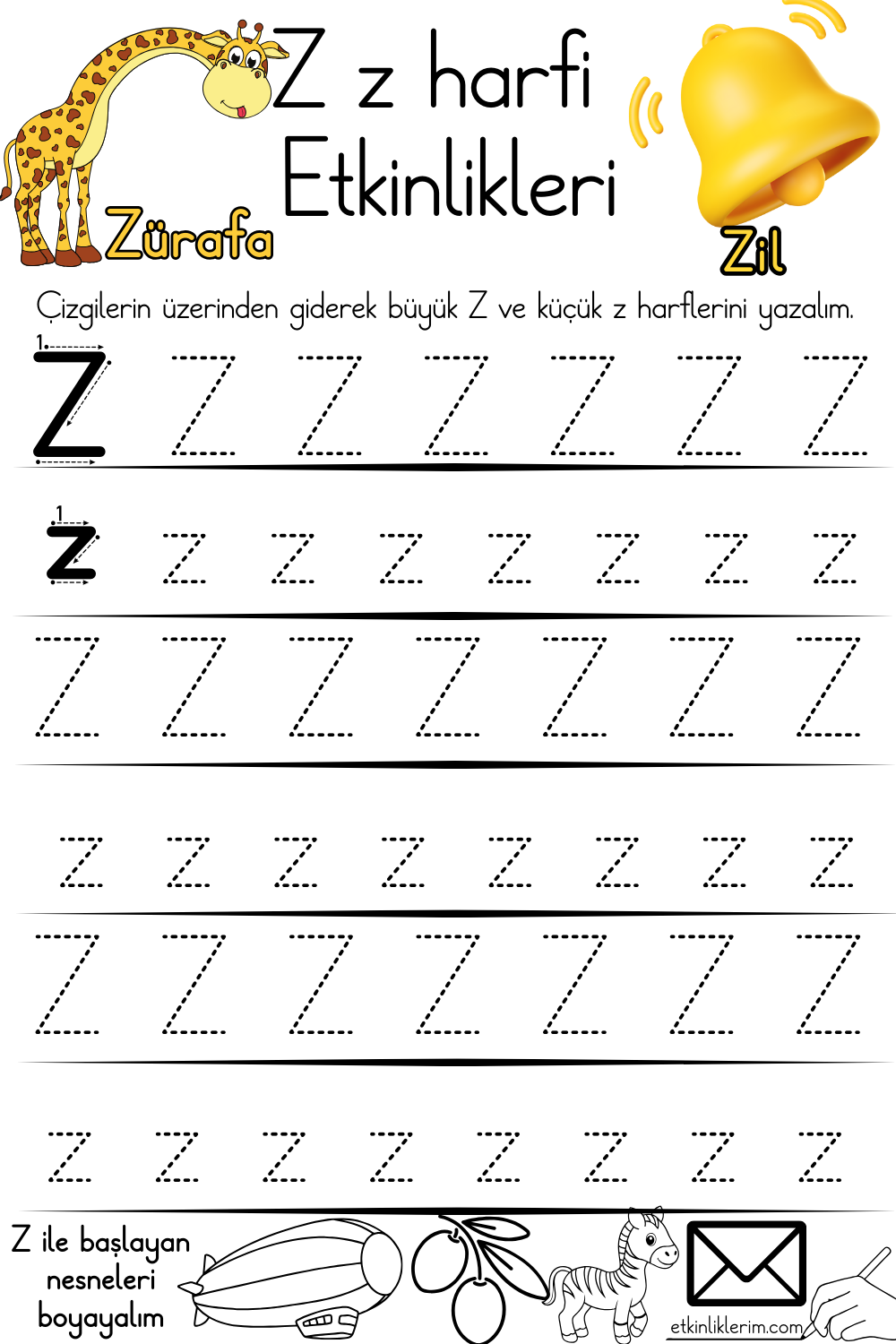 Z Harfi ilkokul Çizgi Çalışması – z Sesi Öğreniyorum – Etkinliklerim.com