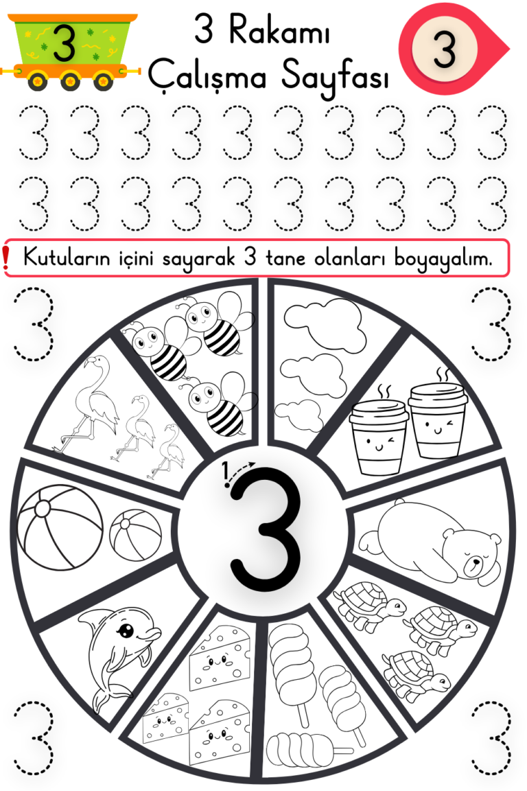 3 Rakamı Üç Sayısı Boyama ve Çizgi Çalışması – Etkinliklerim.com